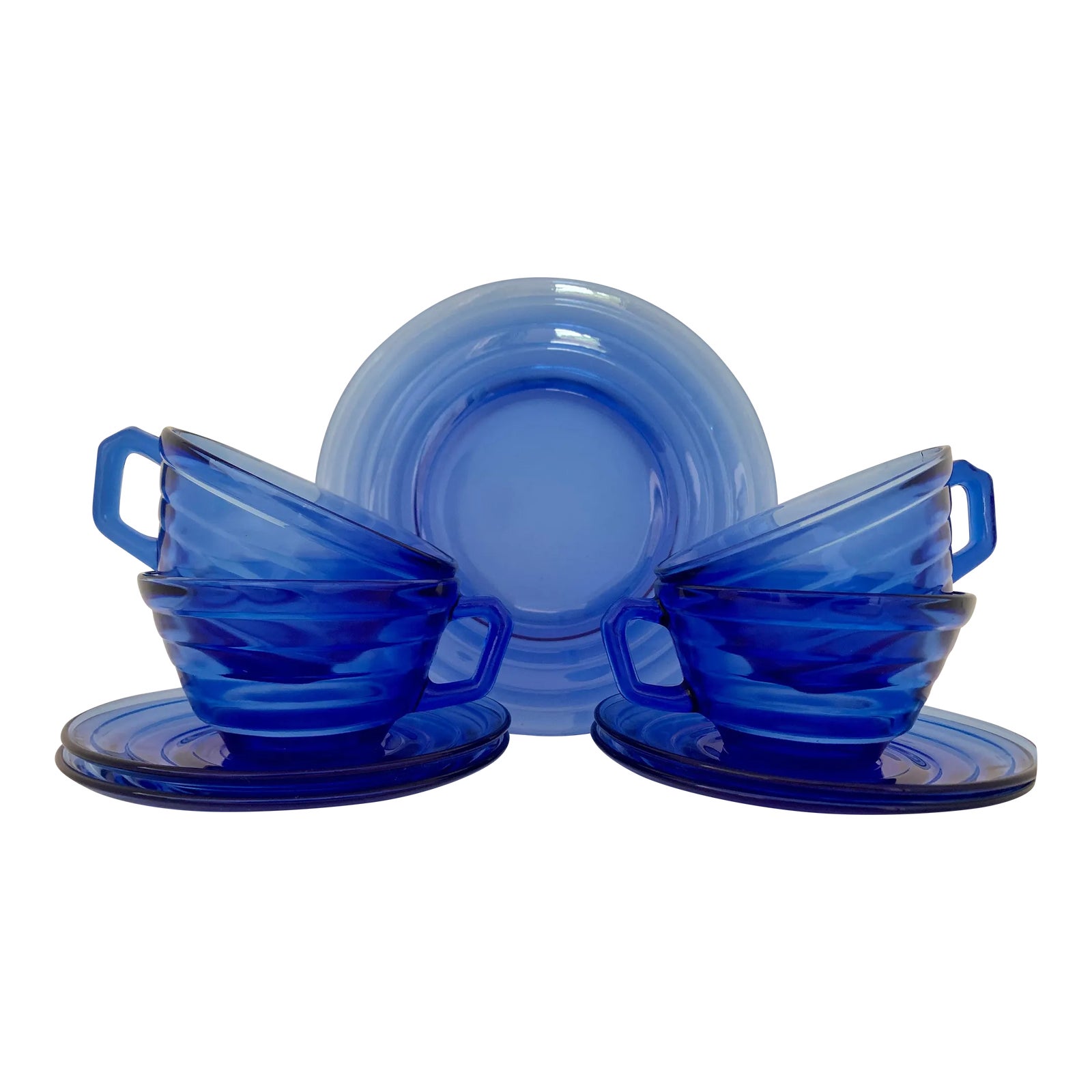 1930s Cobalt Moderntone Hazel Atlas Cups & Saucers - 9 Pieces | Chairish