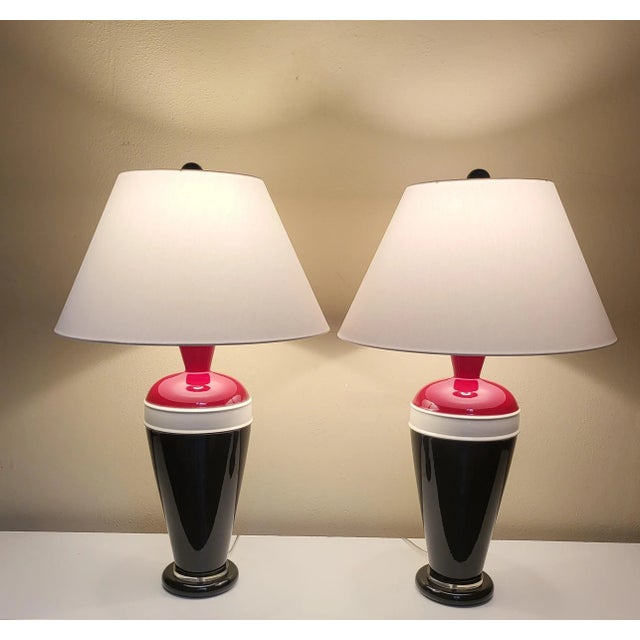 1980s Post Modern Ceramic Table Lamps With Shades - a Pair | Chairish