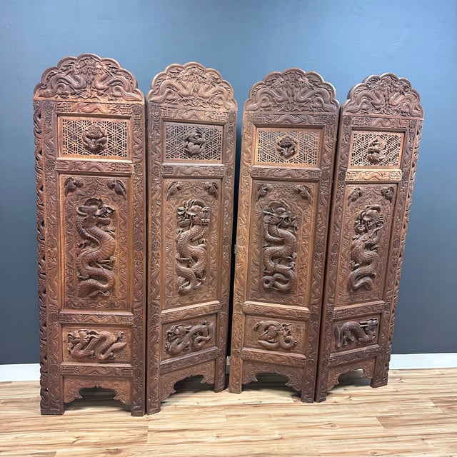 Late 19th Century Hand Carved Asian Wood Screen | Chairish