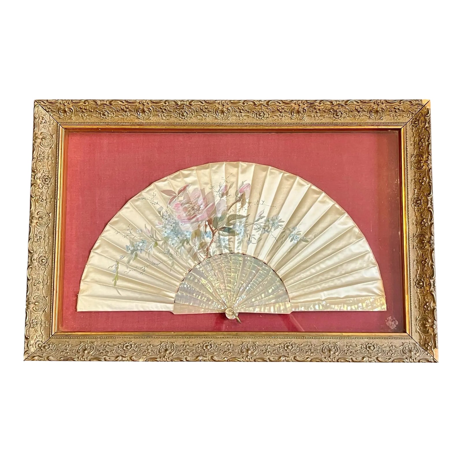 Antique French Hand Fan-Silk-Mother of Pearl-Hand Painted-Shadow Box ...