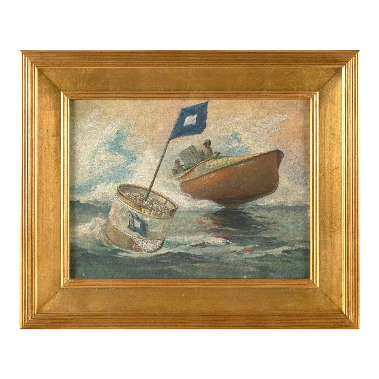 Vintage 1950's American School (Mid-20th Century,) Speedboat Rounding a ...