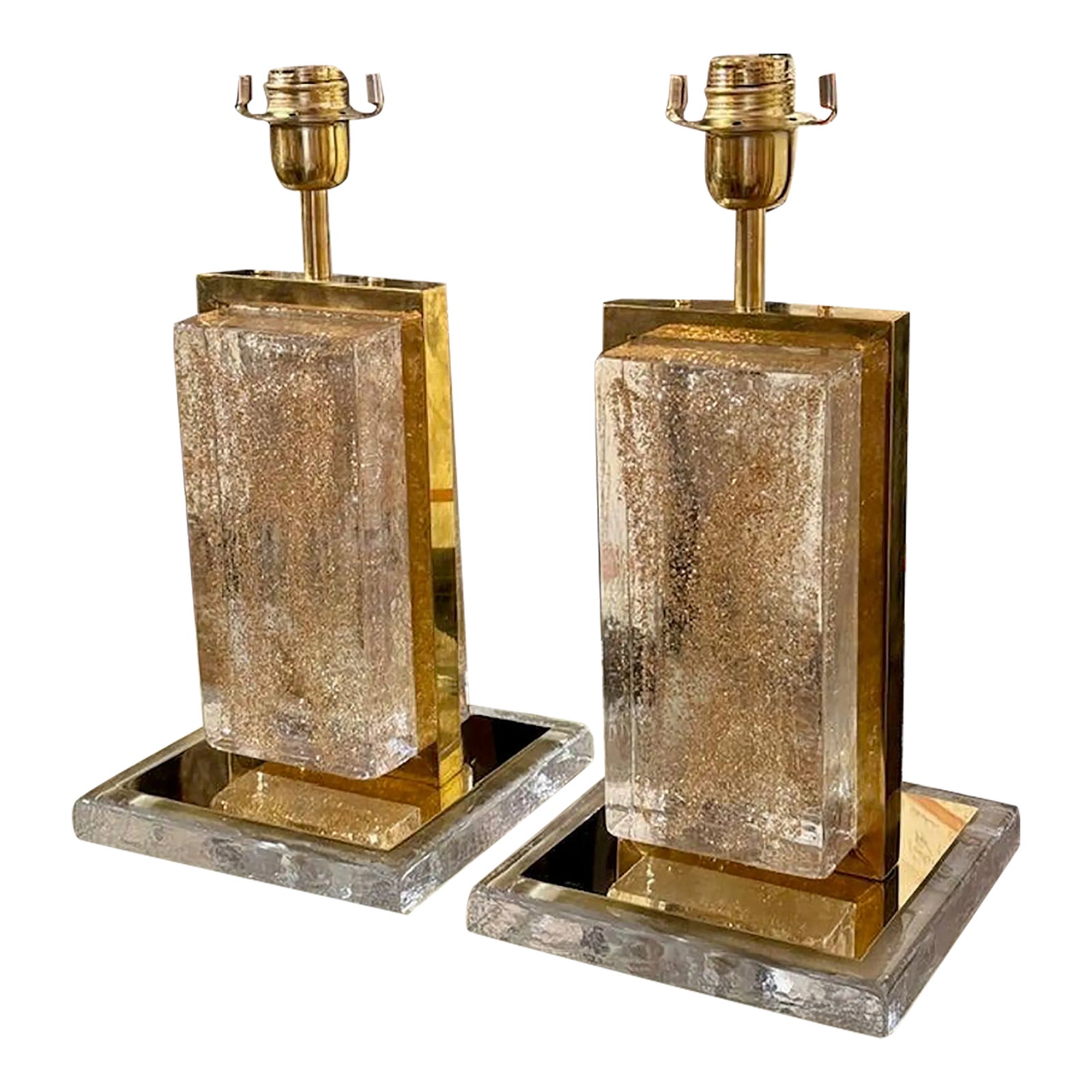 Pair of Modern Gold Dust Murano Block Lamps | Chairish