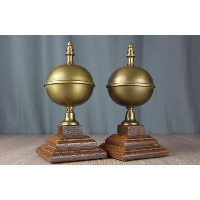 1980s Brass Sphere & Finial Bookends on Faux Wormwood Oak Base- Set of ...