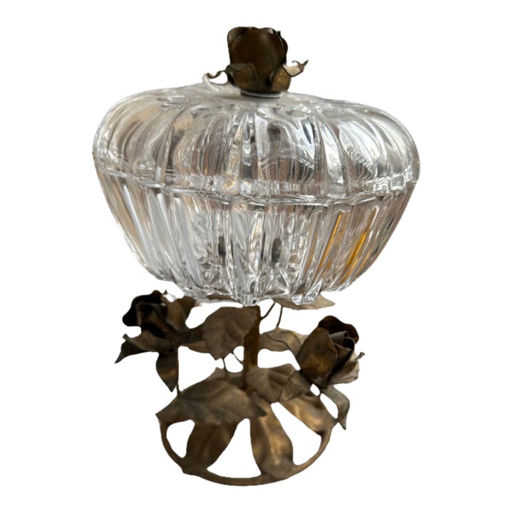 1960s Italian Crystal Lidded Brass Compote with Floral Base | Chairish