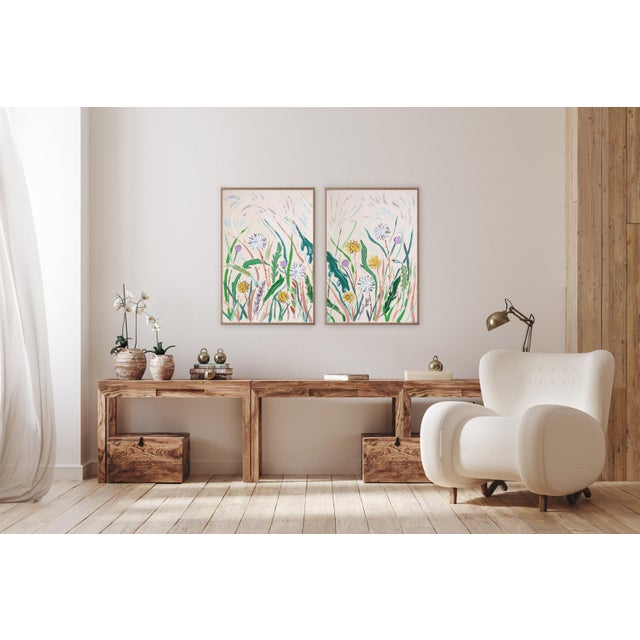 2024, Illustration Style Botanical Diptych of "Gray and Yellow Spring Dandelions", Acrylic ...