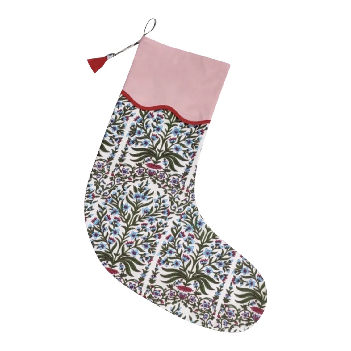 Handmade Blue Botanical Christmas Stocking with Red Piping | Chairish