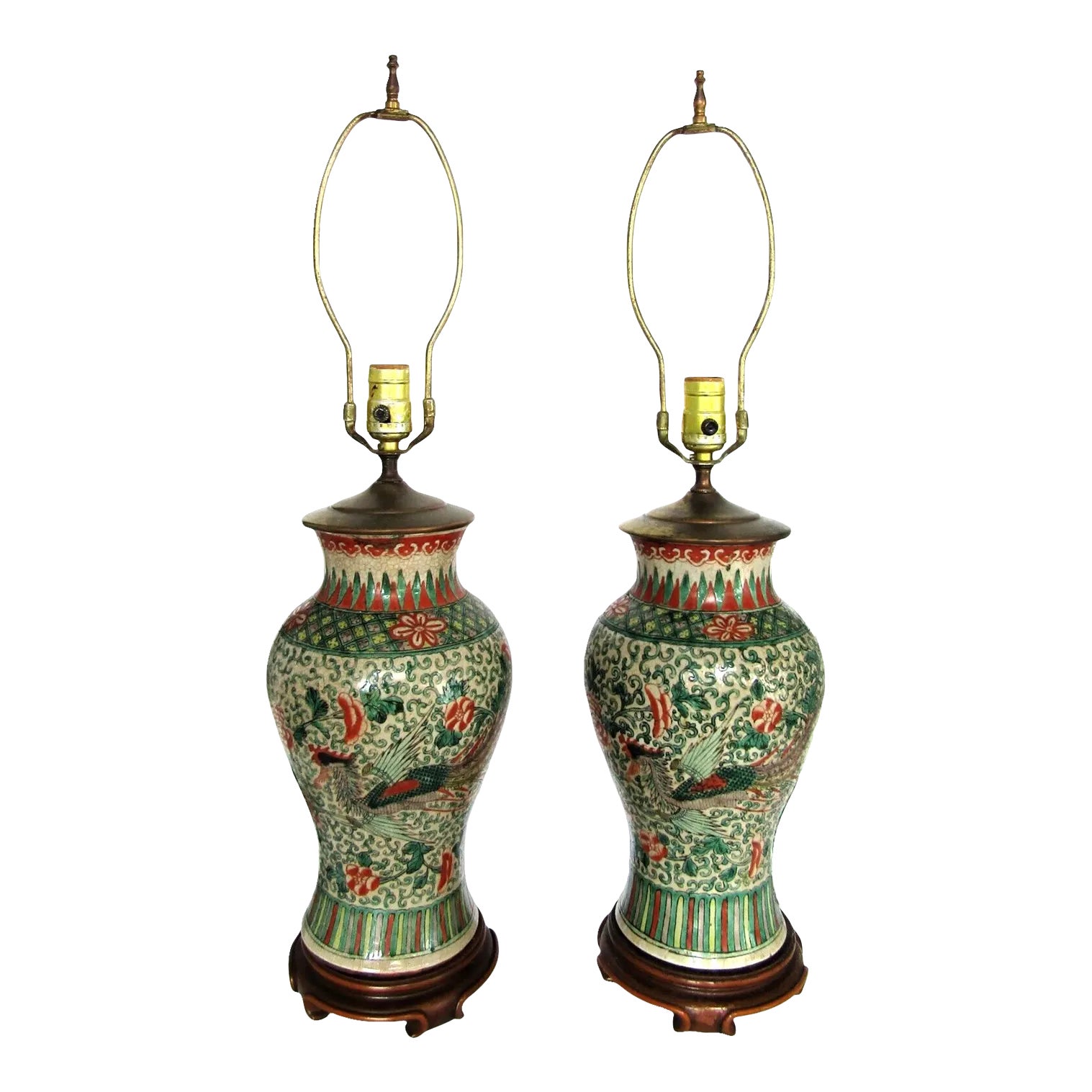 Antique Chinese Ming Dynasty Famille Verte Phoenix Vase Table Lamps - a ...