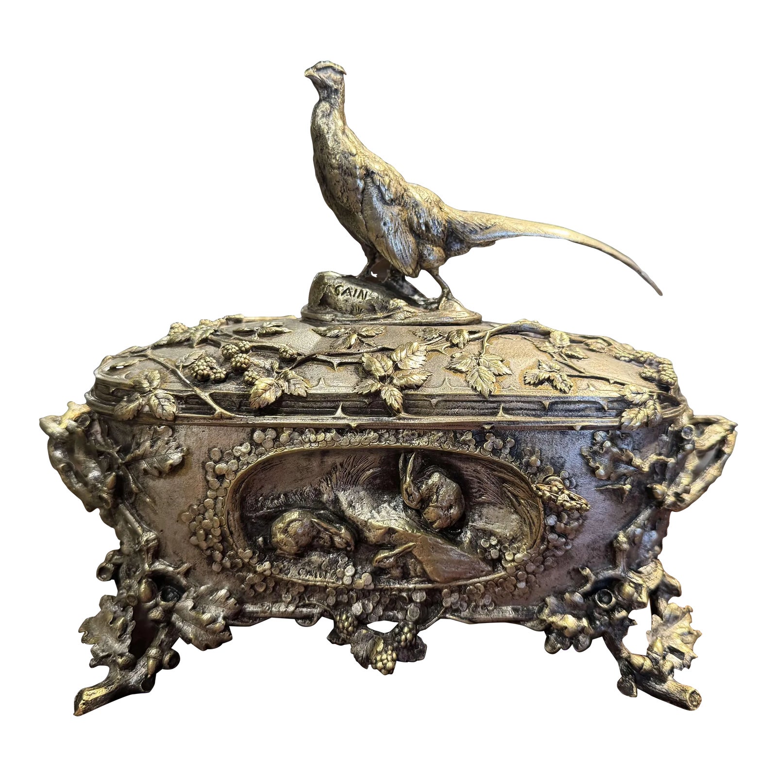 19th Century French Silvered Bronze Casket With Hunt Animals Signed A ...