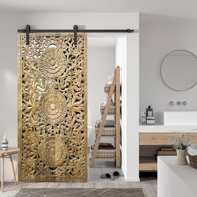 Lattice Carved Jali Lotus Carved Sliding Door, Pantry Door | Chairish