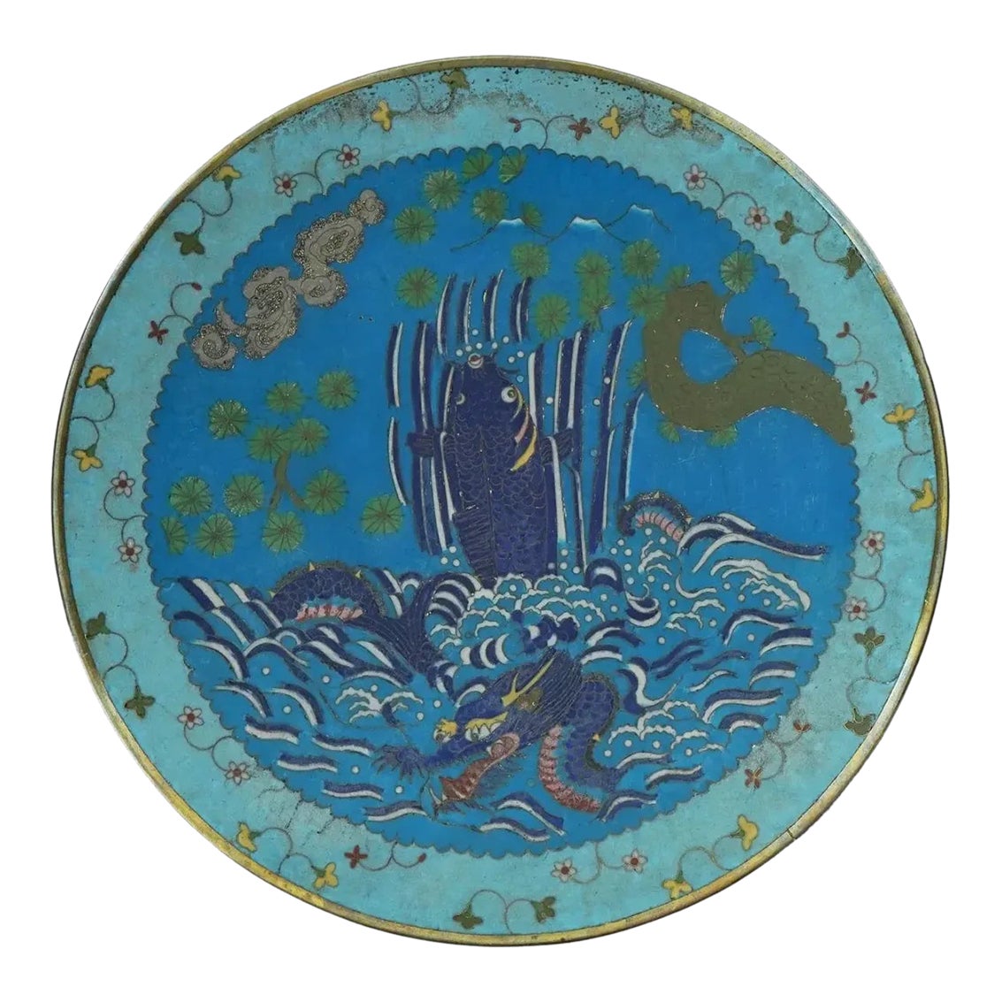 Antique Japanese Cloisonne Enamel Carp Fish Dragon Gate Plate | Chairish