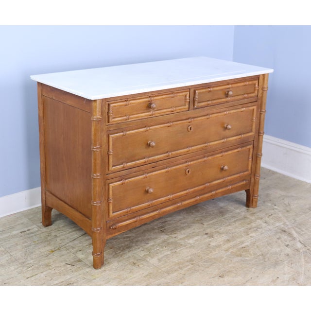 Late 19th Century English Faux Bamboo & White Marble Top Commode | Chairish