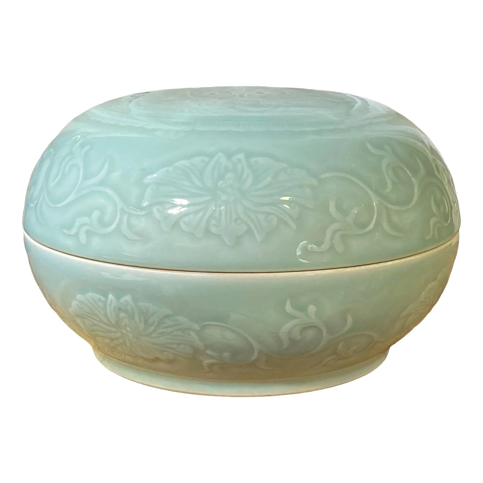Chinoiserie Hand Carved Celadon Box W/ Peony and Chrysanthemum Flowers ...