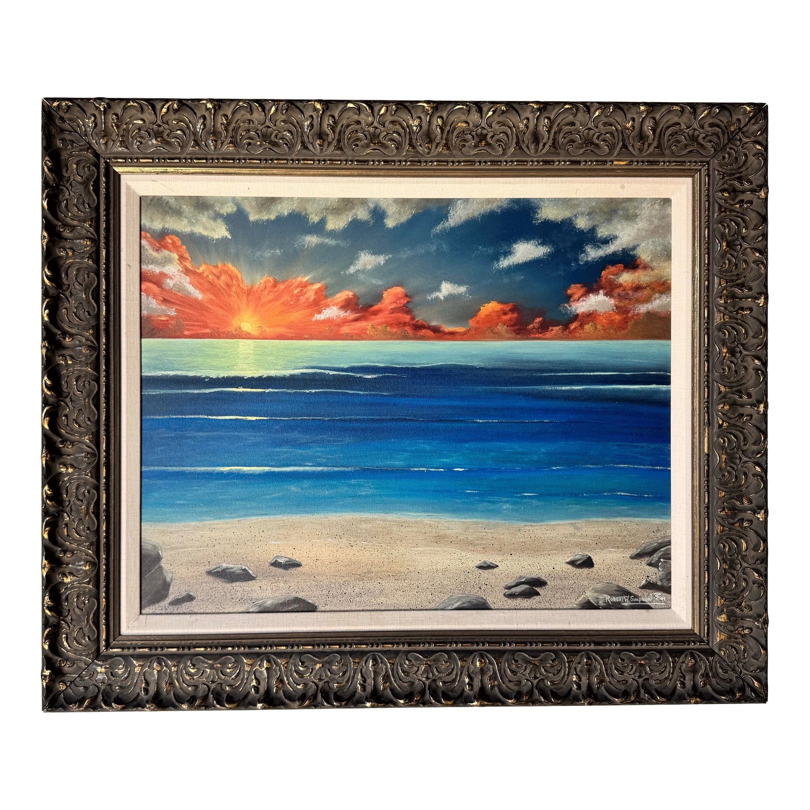 Vintage Sunset Ocean Landscape Oil on Canvas Painting by Robert W ...