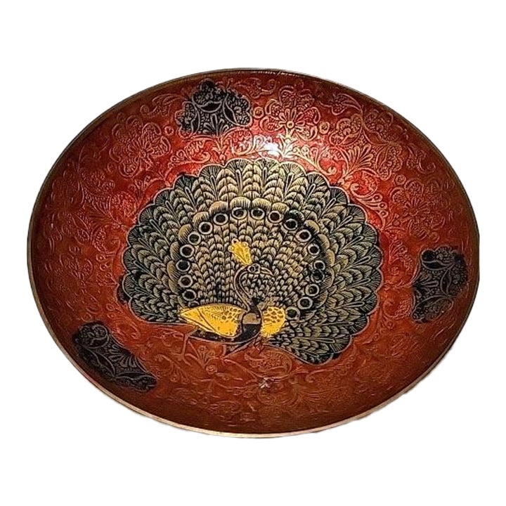 Vintage Etched Brass Enamel Peacock Motif Footed Bowl | Chairish