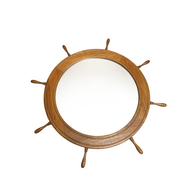 Mid-Century Large Nautical Wooden Ship Wheel Shaped Wall Mirror | Chairish