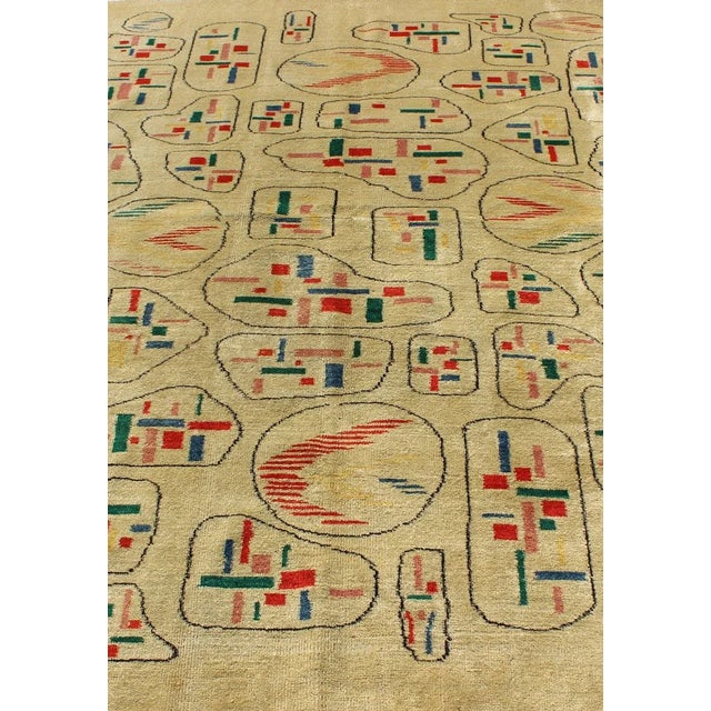 Yellow Background Vintage Turkish Mid-Century Modern Rug With Geometric ...