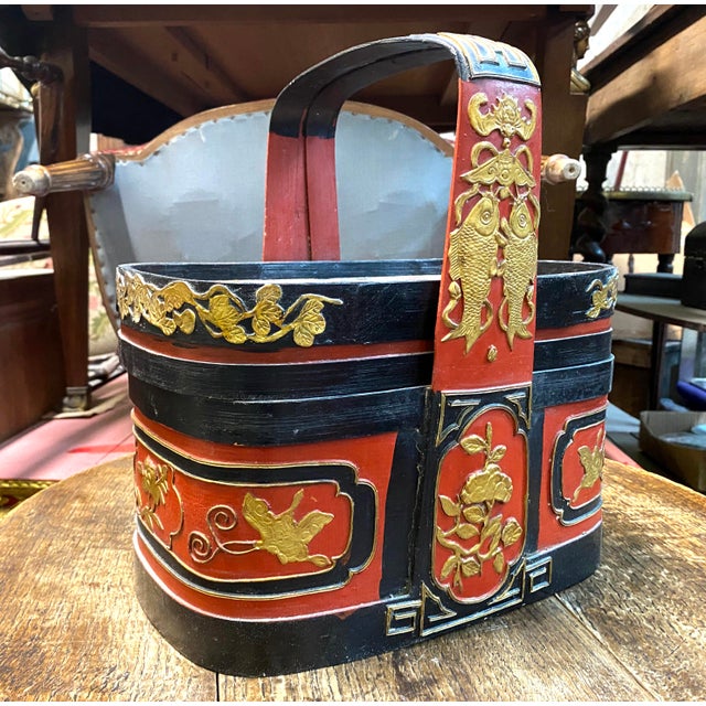 Antique Chinese Red and Black Lacquer Basket With Gold Leaf | Chairish
