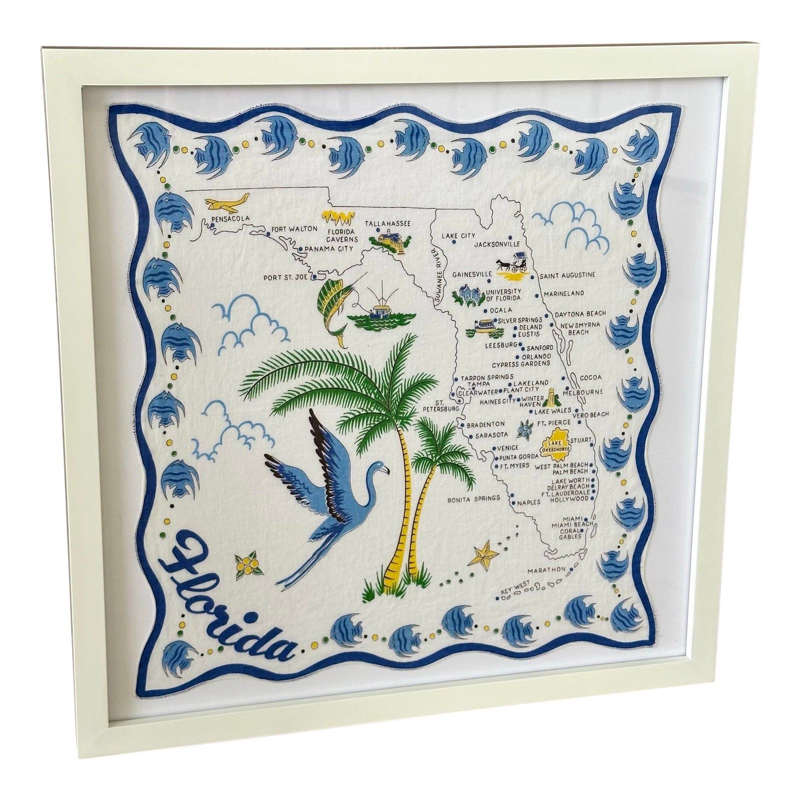Vintage Coastal Florida Handkerchief White Framed Wall Textile Art ...