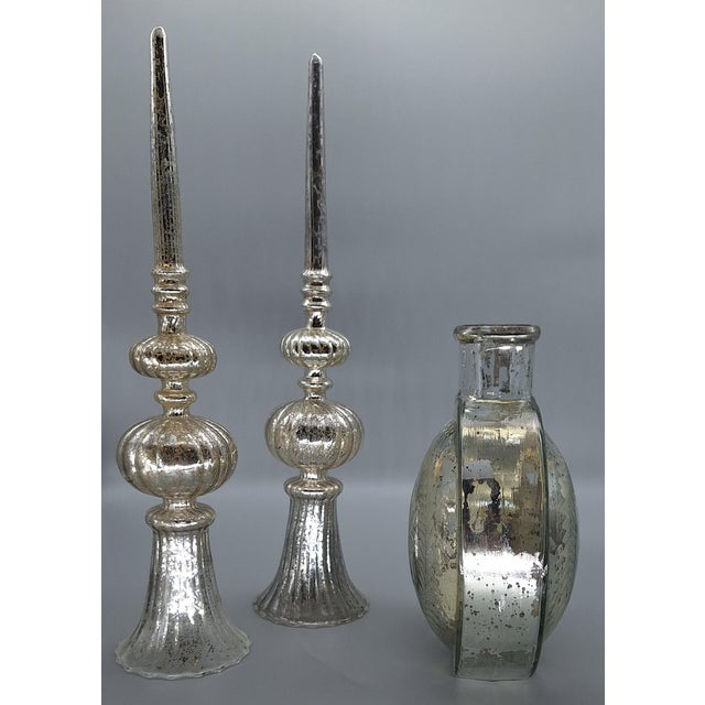 Vintage Mercury Glass Pottery Barn Vase and Finial Pair - Set of 3 ...