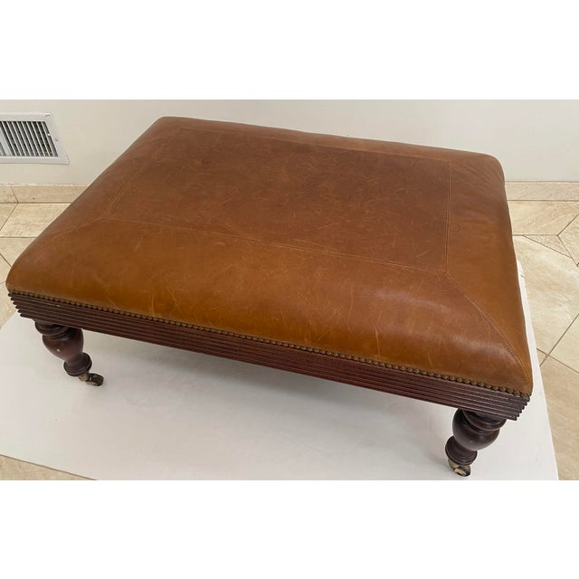 Victorian English Style Leather Ottoman With Brass Casters and Nailhead ...