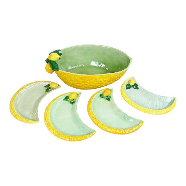 1970s Italian Majolica Lemon Plates & Bowl Set- 5 Pieces | Chairish