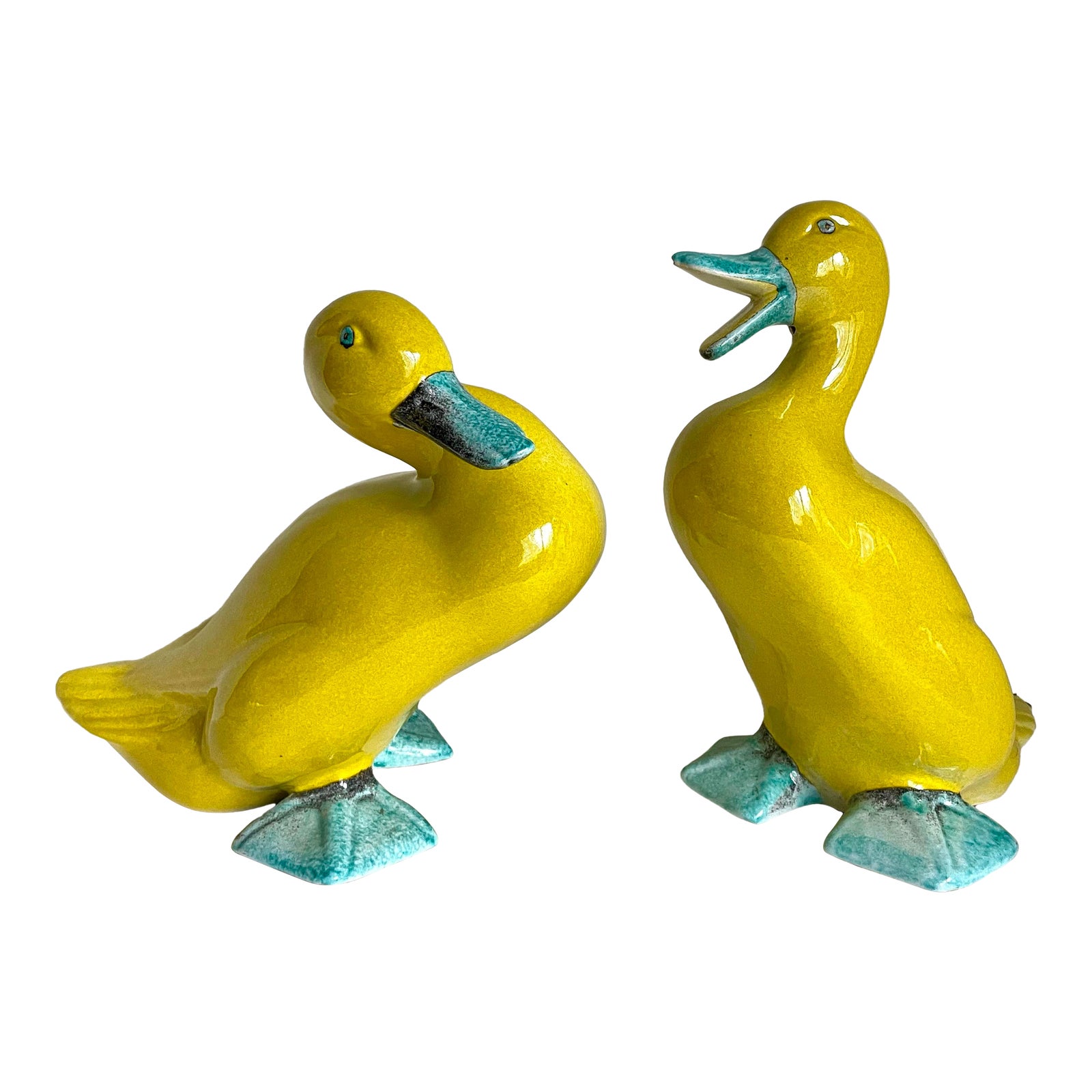 Pair of Italian Porcelain Ceramic Yellow Figurative Ducks | Chairish