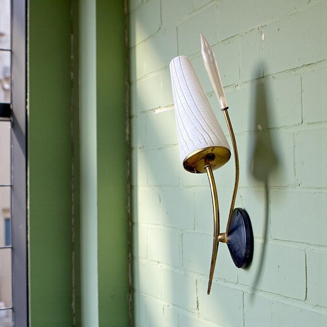 Mid-Century Modern French White Glass and Brass Wall Light, 1960s ...
