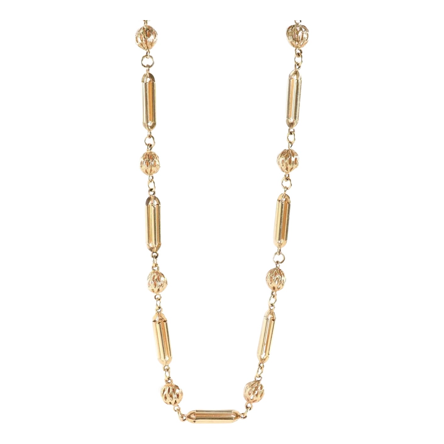 14k Yellow Gold Column Bars & Filigree 3D Ball Fancy Link Necklace ...