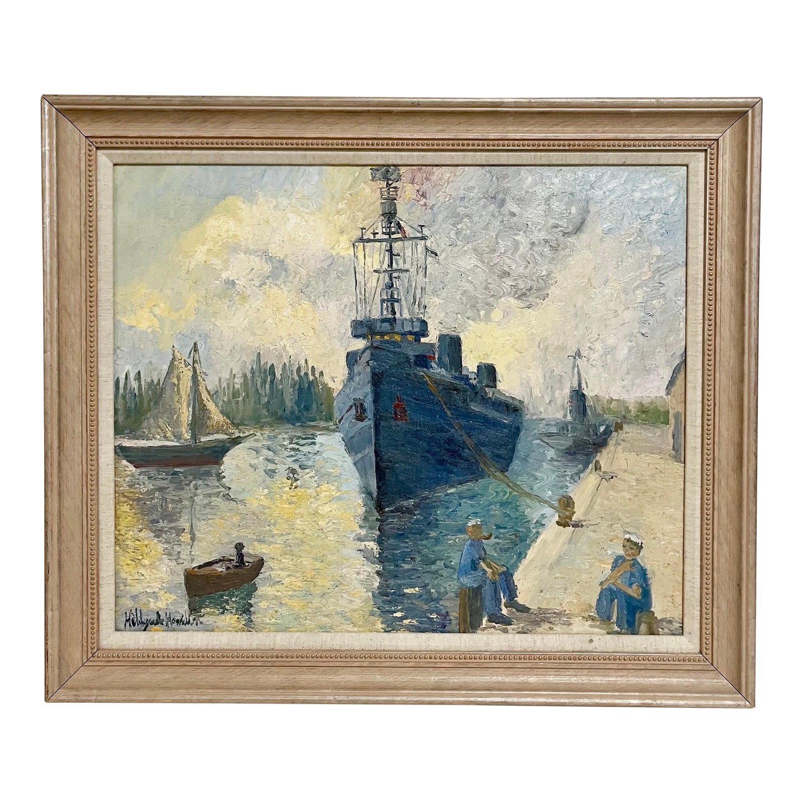 Hildegarde Hamilton, Oil Painting Harbor Scene with Naval Ships Sailors ...