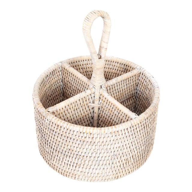 Artifacts Rattan Round 4 section Caddy/Cutlery Holder in White Wash ...