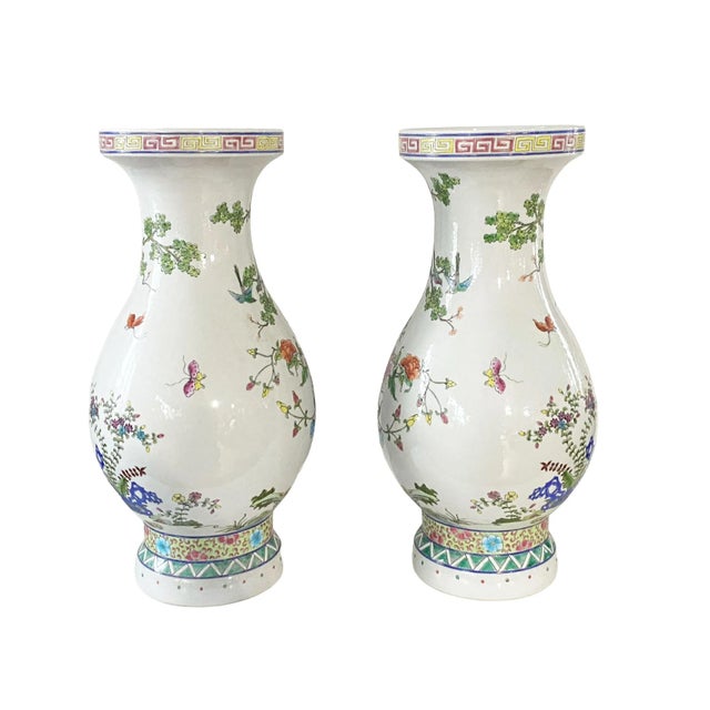 Chinoiserie Hand Painted Famille Rose Phoenix Vases /Pair 21" H | Chairish