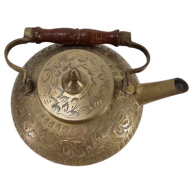Indian Etched Brass Tea Kettle Floral Tea Pot | Chairish