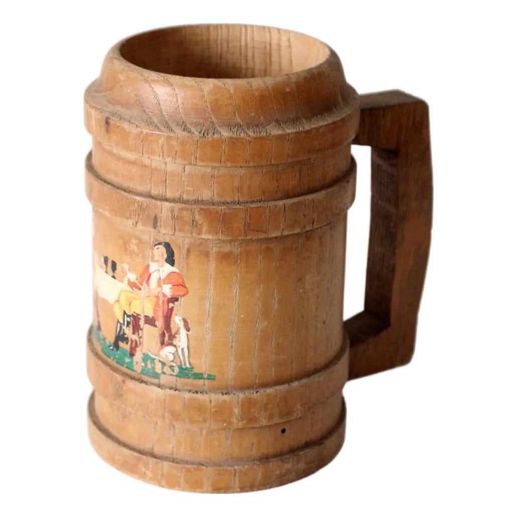 Vintage Wooden Tankard With Painted Tavern Scene | Chairish