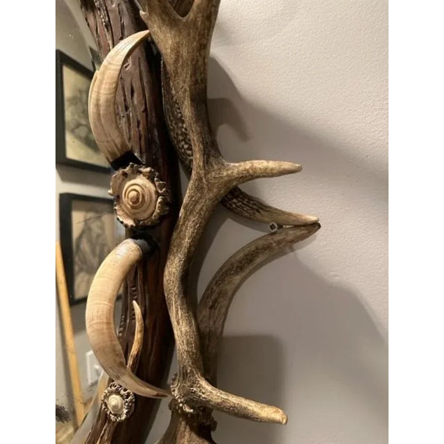 Late 19th Century Oval Shape Antler Mirror With Carved Rosettes of Fox ...