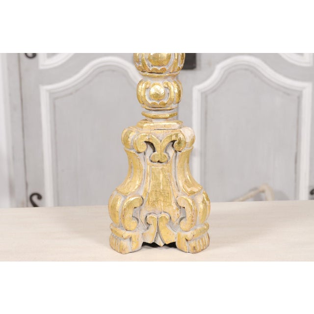 Italian Rococo Style 1890s Giltwood Painted Candlestick with Carved ...