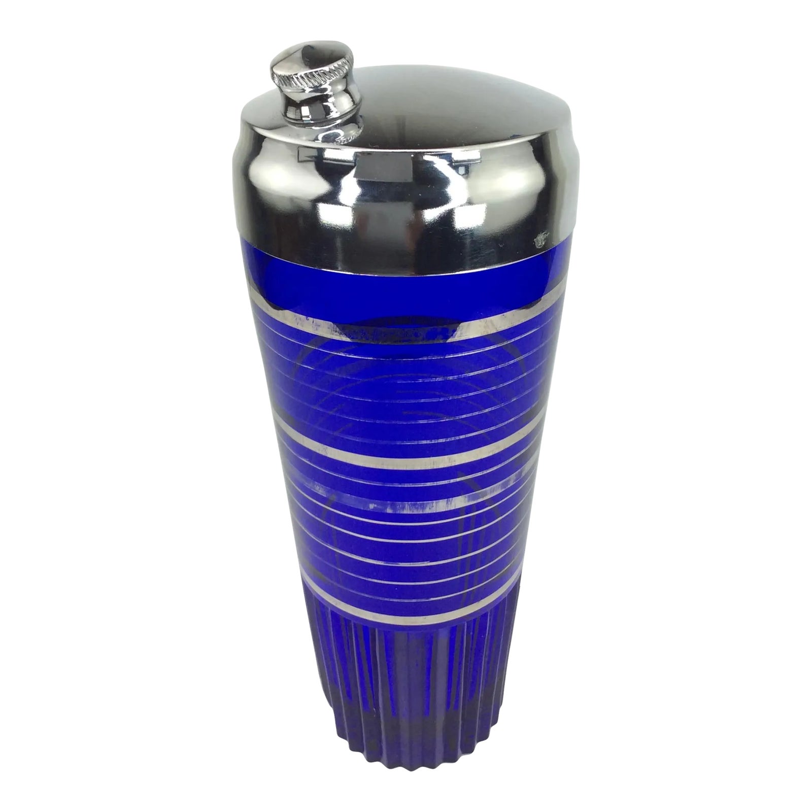 Vintage Cobalt Blue Cocktail Shaker With Silver Overlay Bands and ...