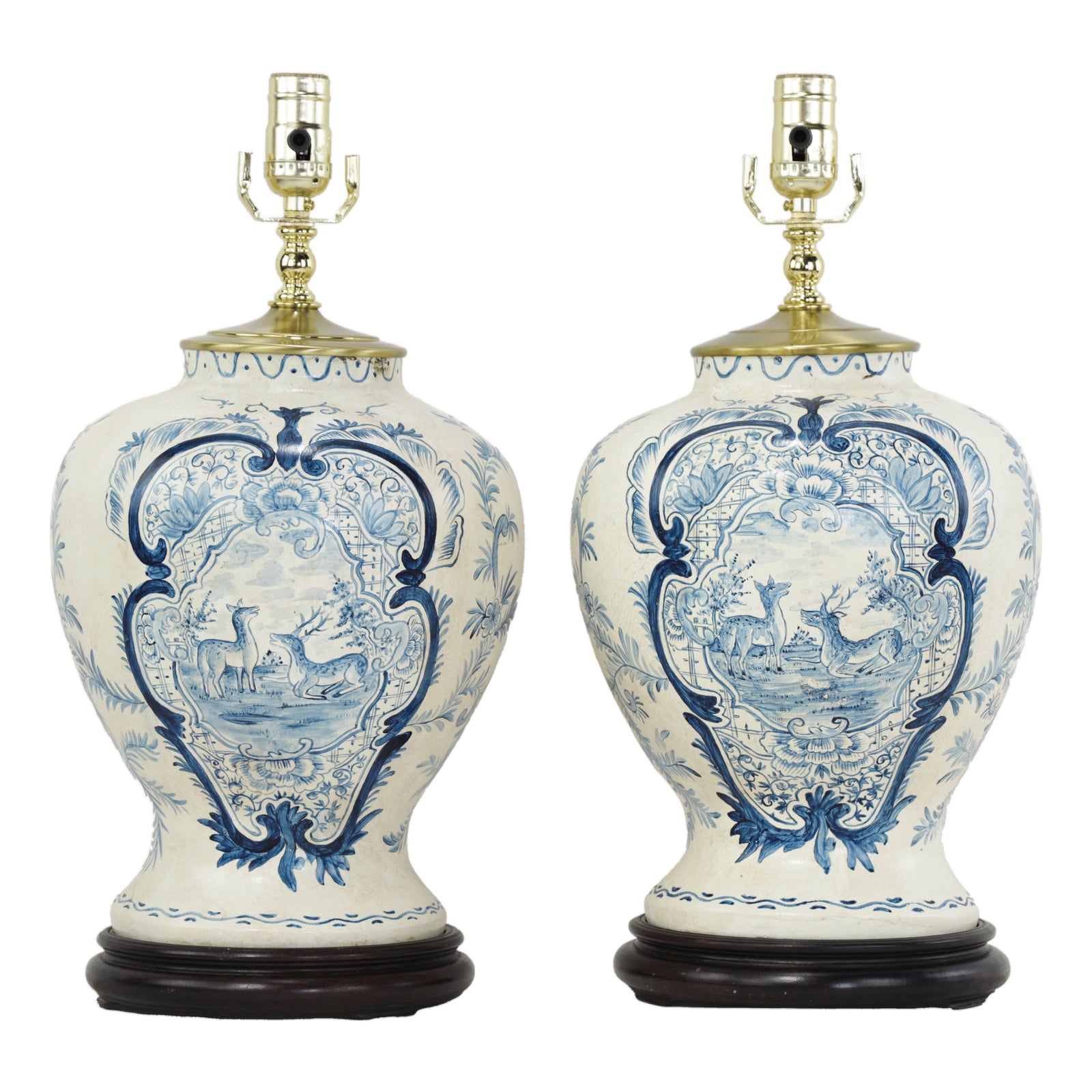 Pair of Vintage Hand Painted Blue and Cream Ceramic Table Lamps With ...