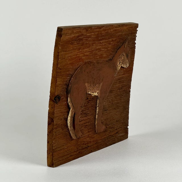 Vintage Wall Folk Art Carving of Bobcat on Wood Board, Signed | Chairish
