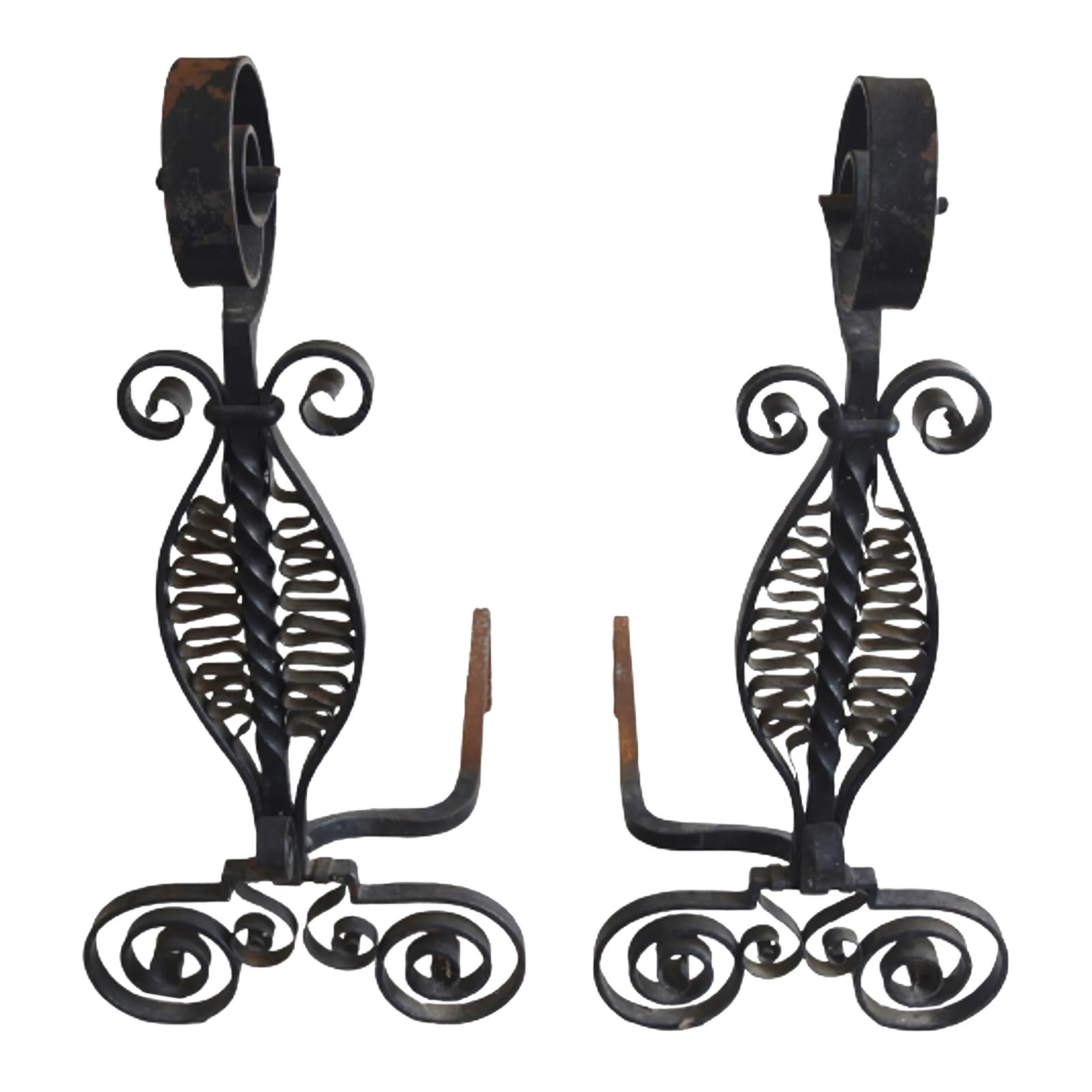 Large Pair of Hand-Wrought Iron Fireplace Andirons - Pair | Chairish
