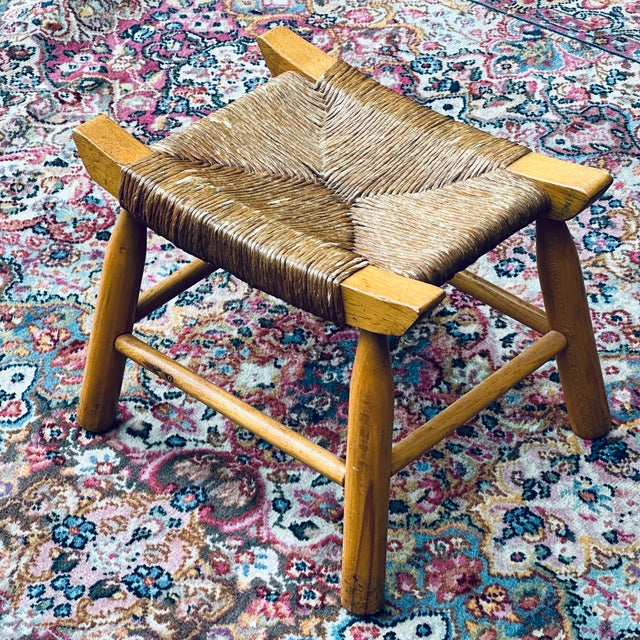 Mid-Century French Country Ash Wood & Rush Saddle Seat Footstool Petite ...