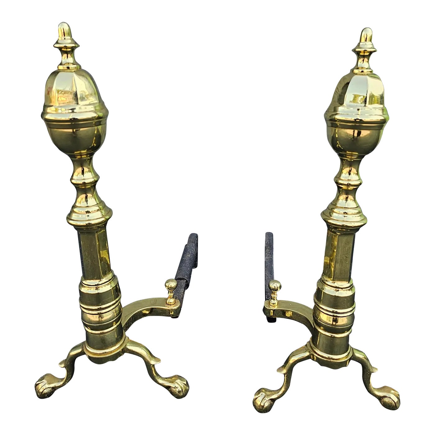1980s Virginia Metalcrafters Polished Brass and Iron Andirons, Pair ...
