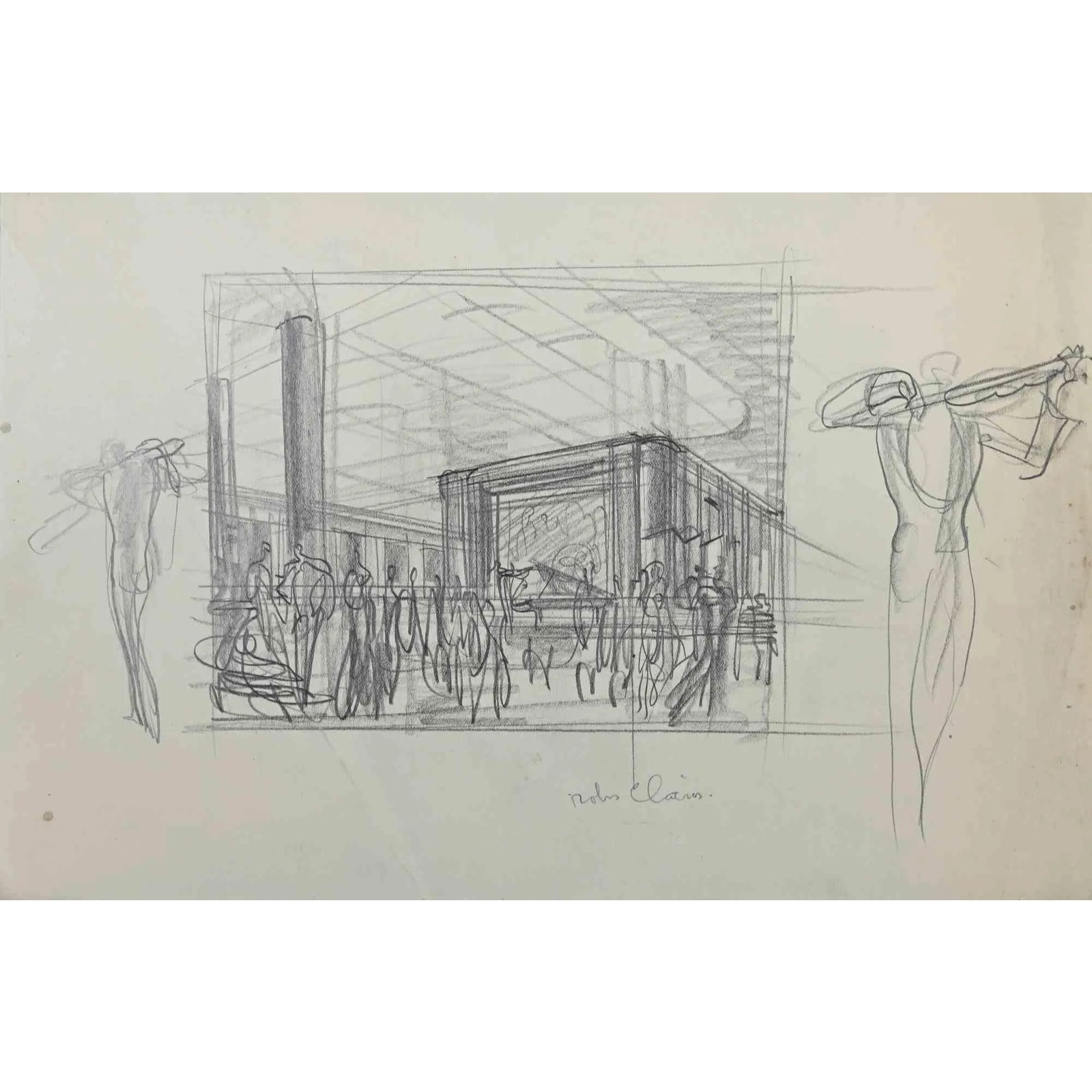 Interior During a Concert, Original Pencil Drawing, Early 20th-Century ...