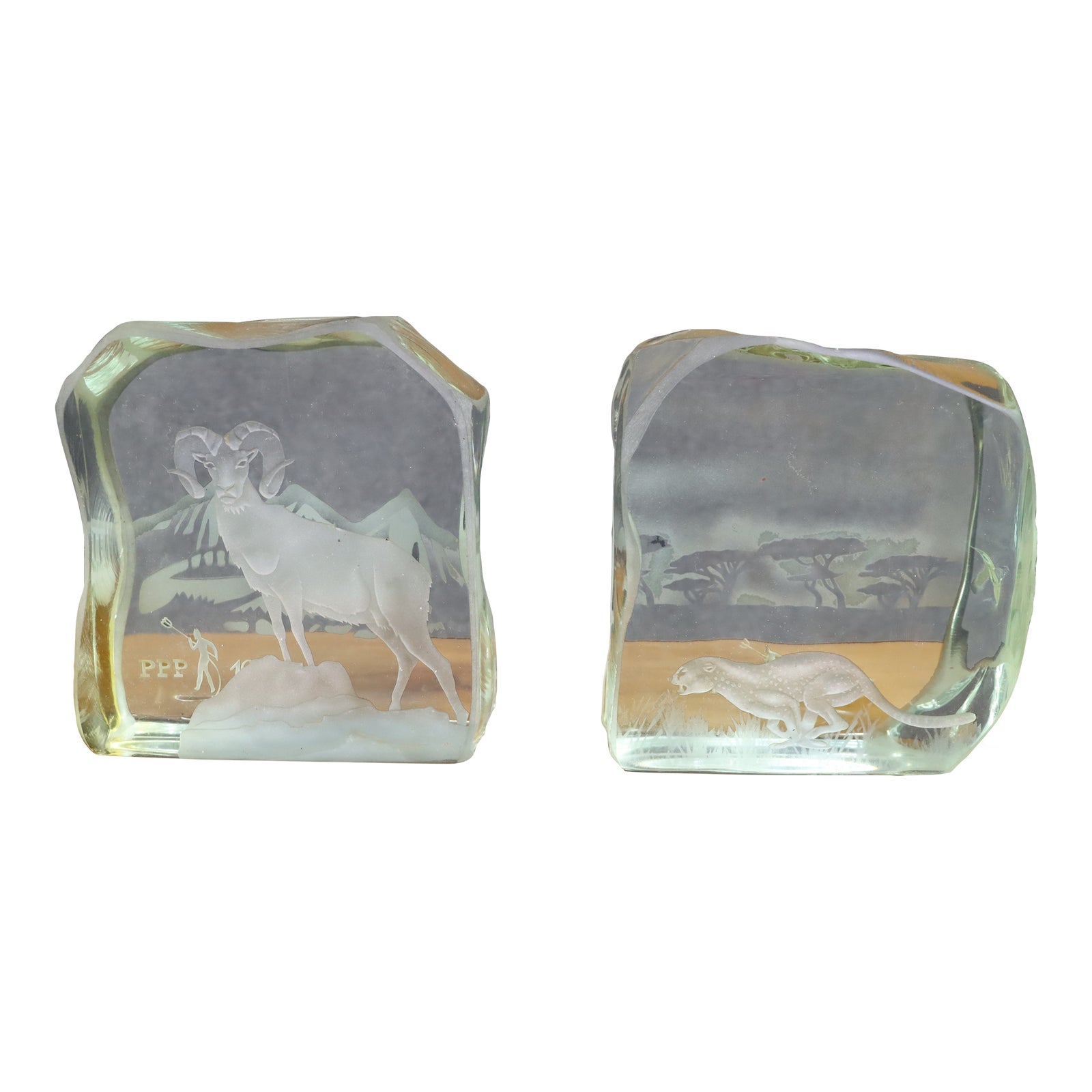 Etched Glass Wildlife Paperweights | Chairish