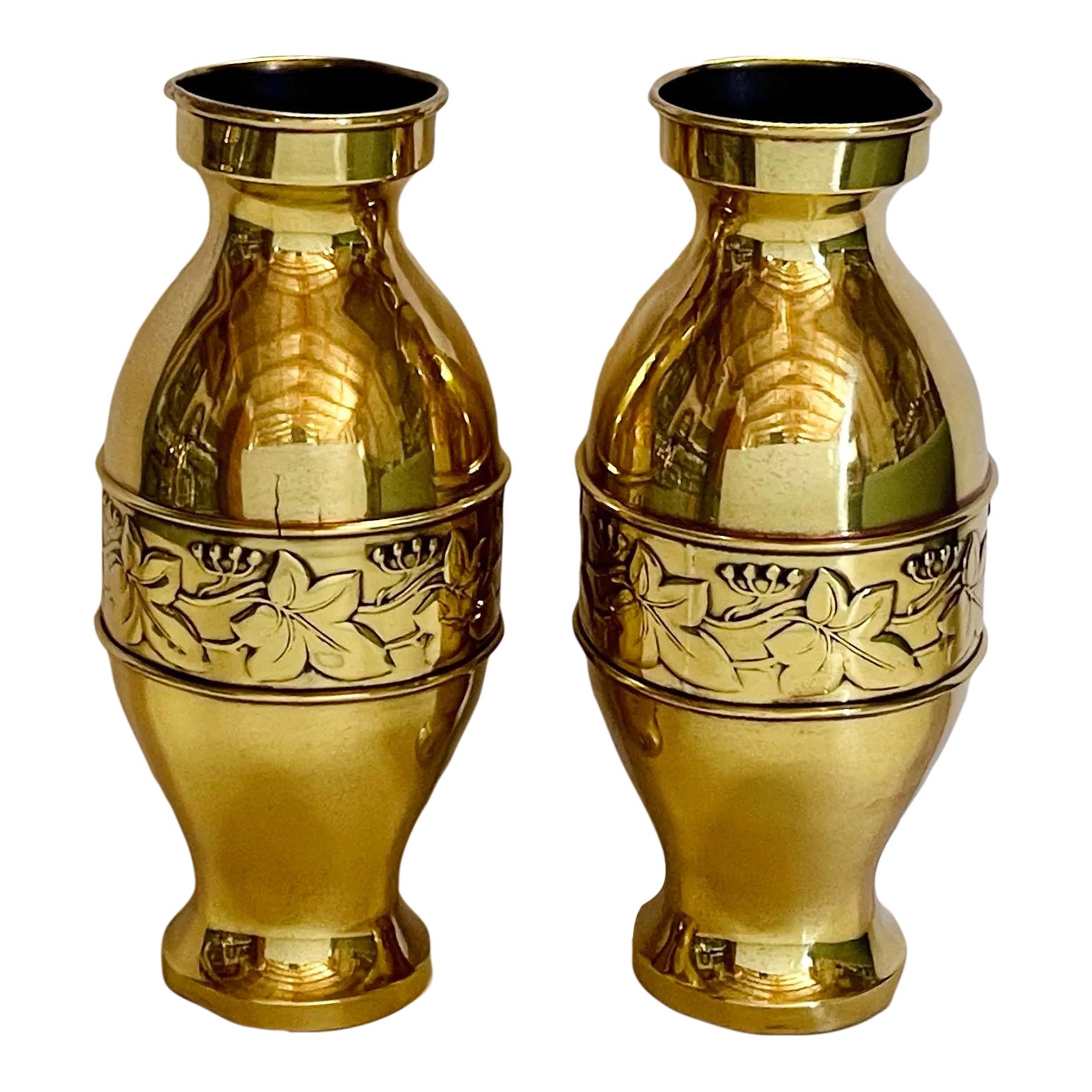 1920s Farberware Ivy Banded Brass Bud Vases- a Pair | Chairish