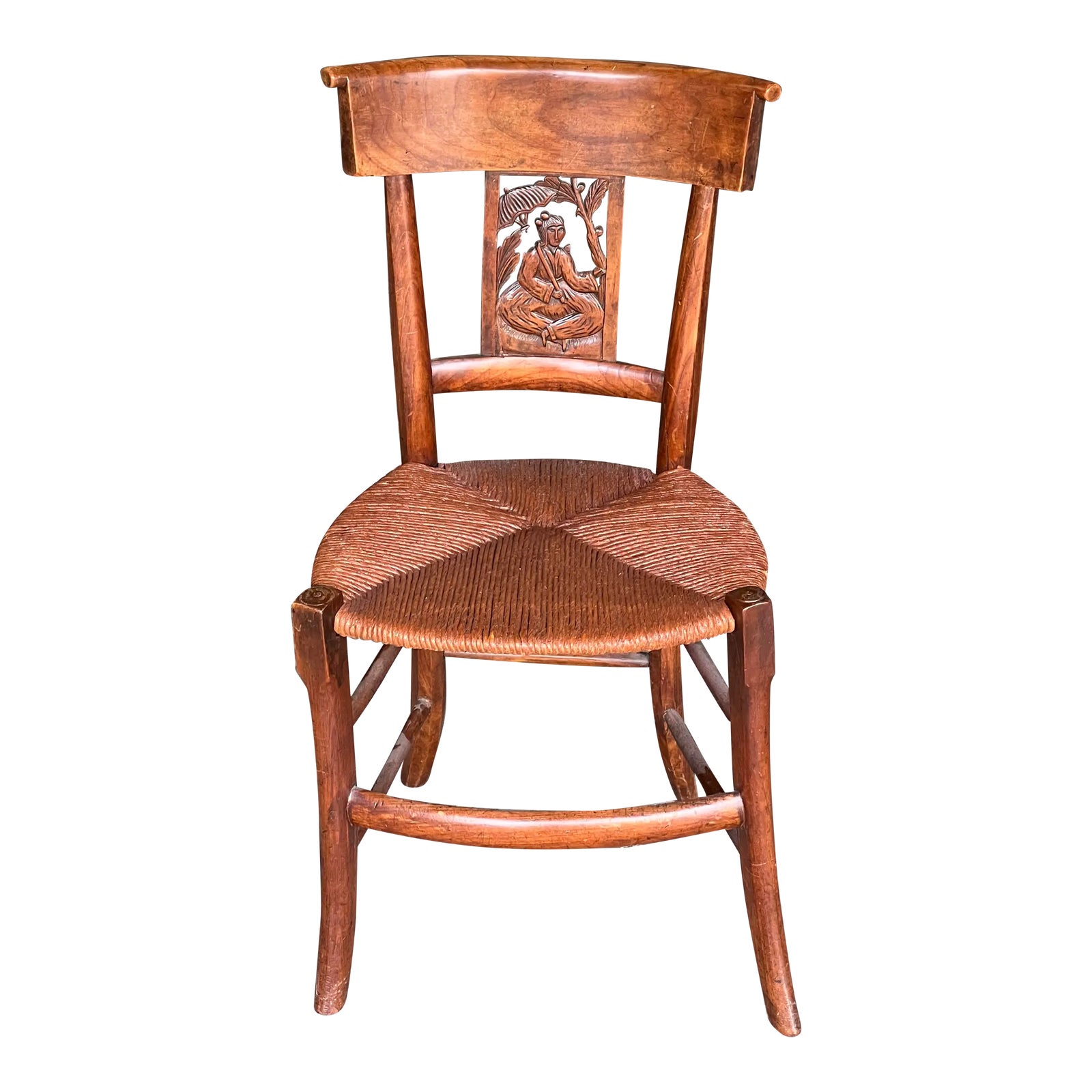 Antique Chinoiserie Rush Seat Carved Wood Chair | Chairish