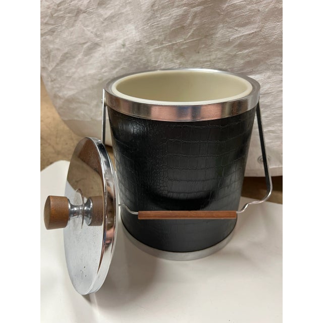 Mid Century Black Faux Alligator Chrome & Wood Bareware Ice Bucket ...