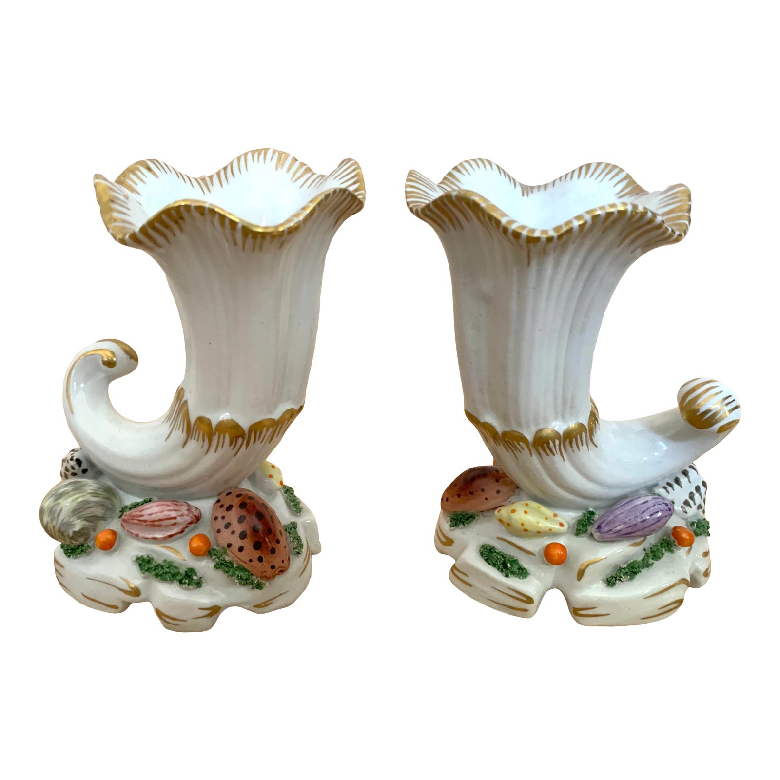 Italian Porcelain Cornucopia Vases With Shells - a Pair | Chairish