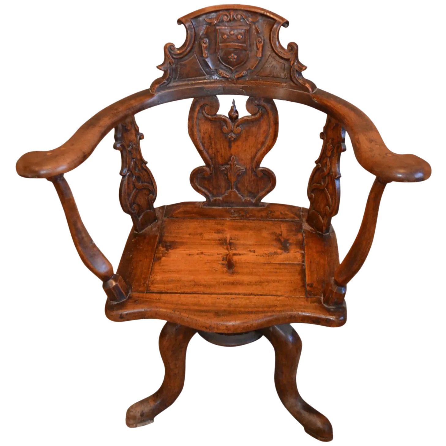 19th Century Swiss Hand Carved Wood Swivel Desk Chair | Chairish