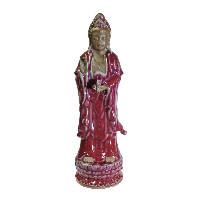 Chinese Handmade Ceramic Standing Purple Red Kwan Yin Statue | Chairish