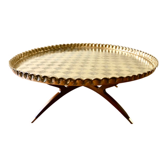 Mid-Century Large Turkish Round Brass Tray Table | Chairish